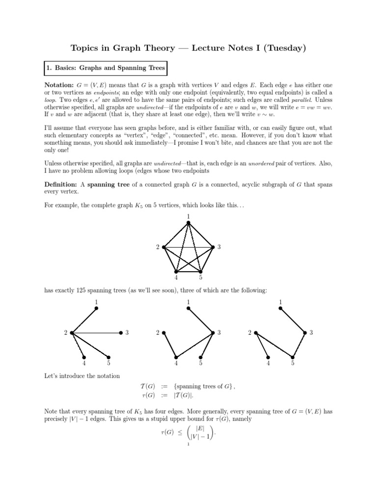 Topics in Graph Theory - Lecture Notes I (Tuesday) | PDF | Mathematical ...