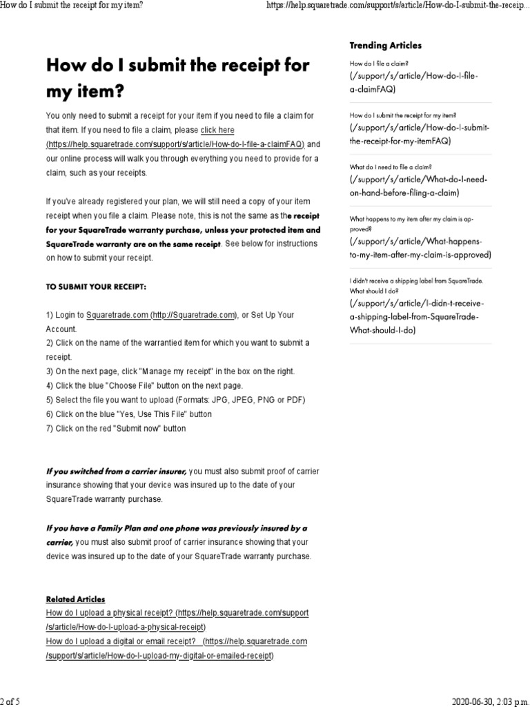 Submitting Receipts for SquareTrade Claims | PDF