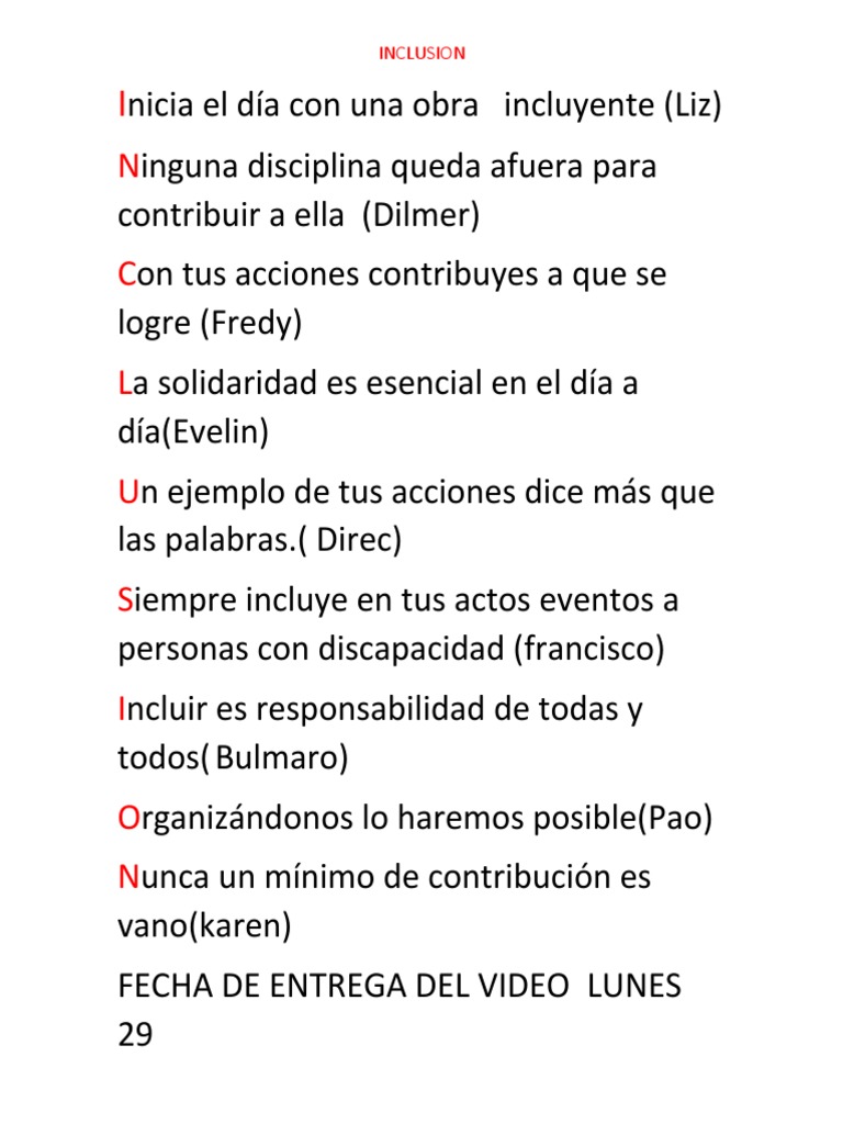 Acróstico sobre Inclusión Educativa | PDF | Crecimiento personal y ...