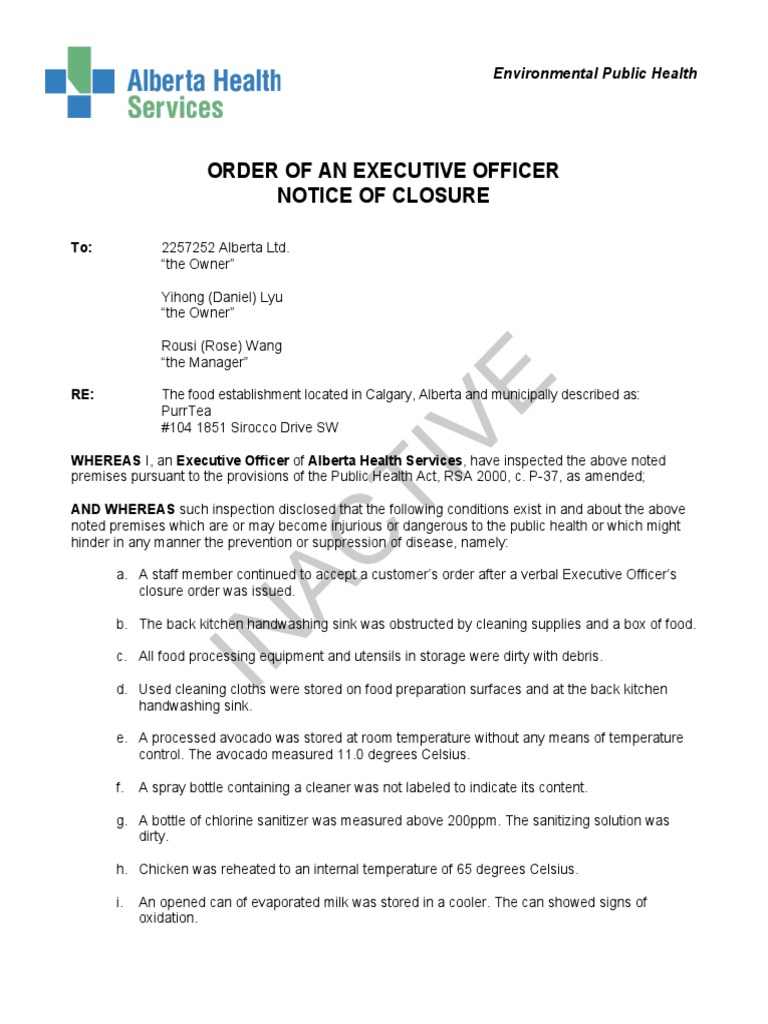 PurrTea Closure Order by AHS | PDF | Foods | Sanitation