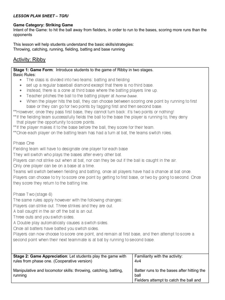Striking Game Lesson Plan | PDF | Batting (Baseball) | Games Of ...