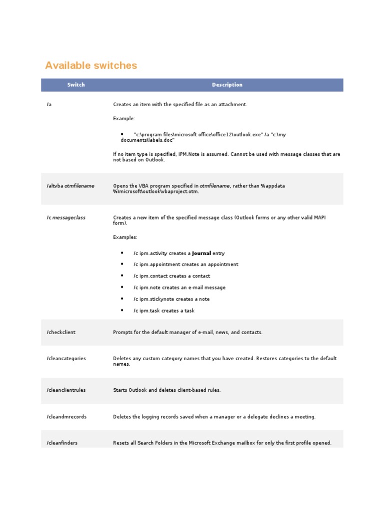 Available Outlook Switches Guide | PDF | Microsoft Outlook | Windows ...