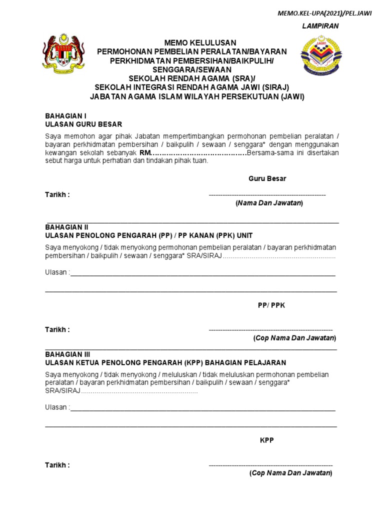 Format Memo Kelulusan Permohonan Menggunakan Kewangan Sekolah | PDF