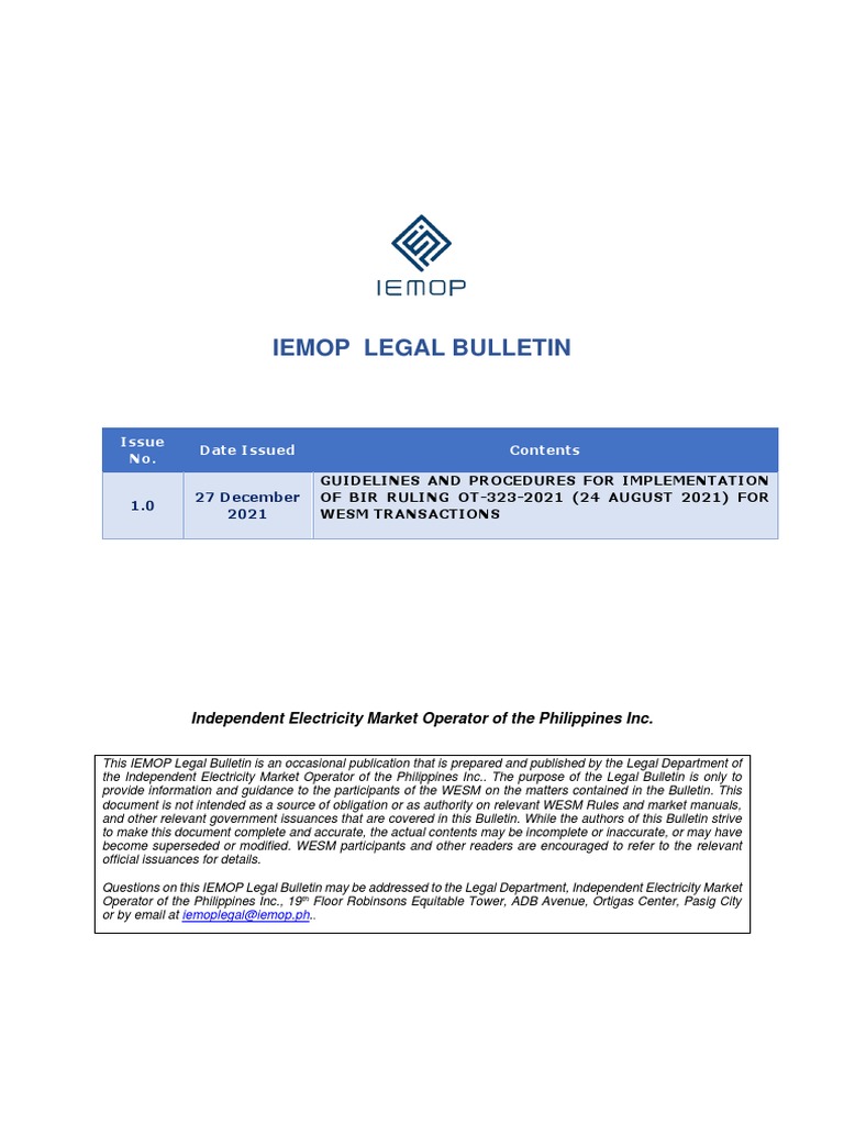 (FINAL) Guidelines & Procedures To Implement BIR Ruling On WESM ...