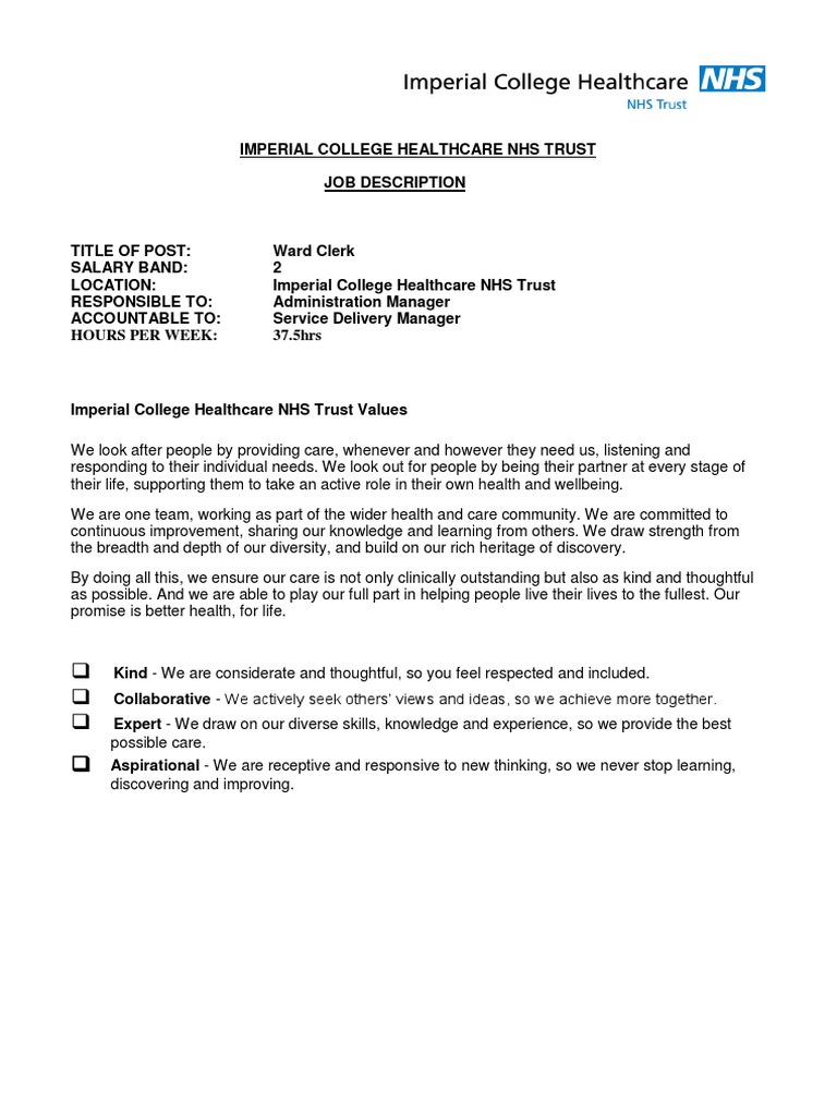 290-DWC-023 - B2 Ward Clerk JD & PS | PDF | Hospital | Medical Record