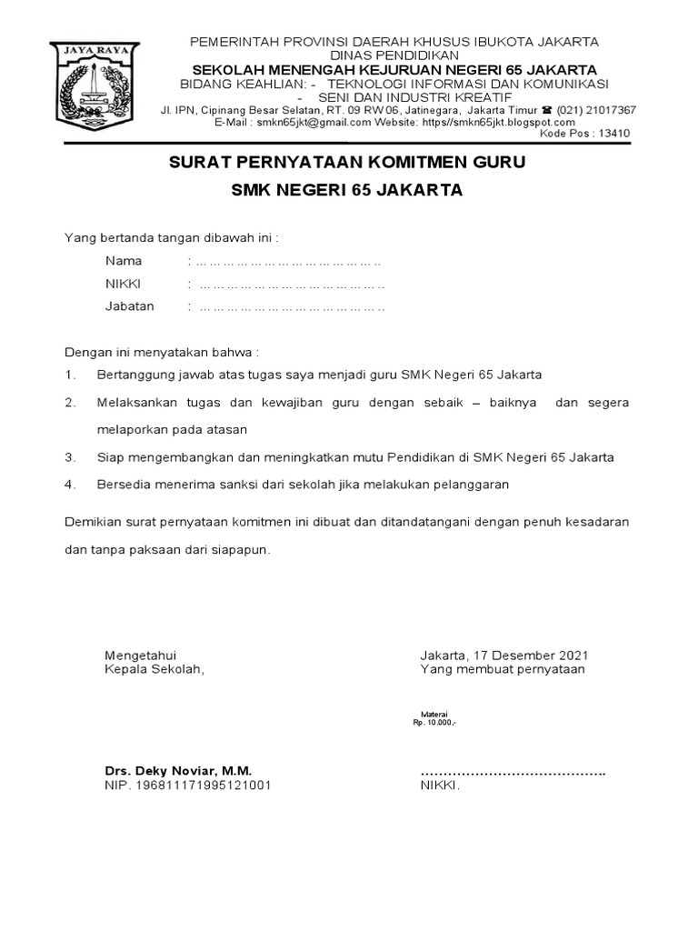 Surat Pernyataan Komitmen Guru | PDF