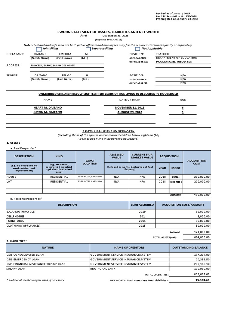 Saln Form School File | PDF | Net Worth | Business