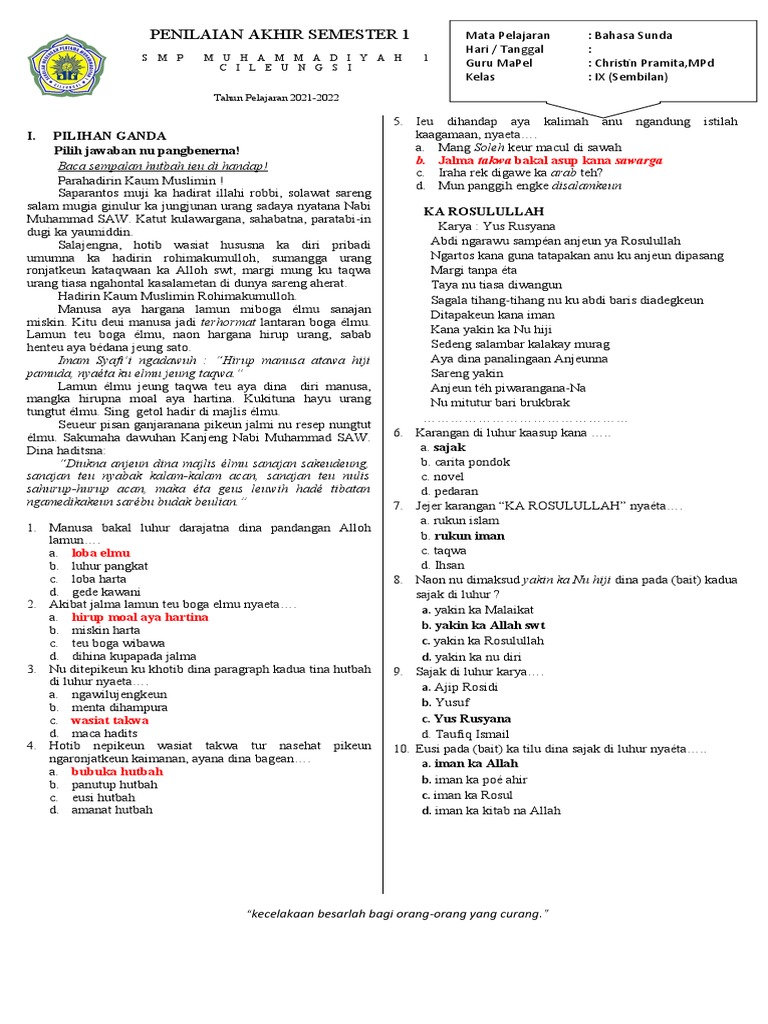 Soal Pas Kelas 9 Bahasa Sunda 2021-2022 | PDF