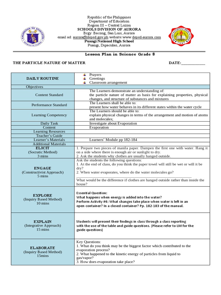 Lesson Plan in Science Grade 8: Schools Division of Aurora Puangi ...