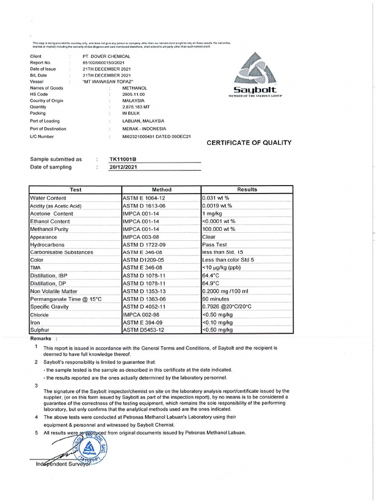 COA Methanol Wawasan Topaz 04 Jan 2022 | PDF