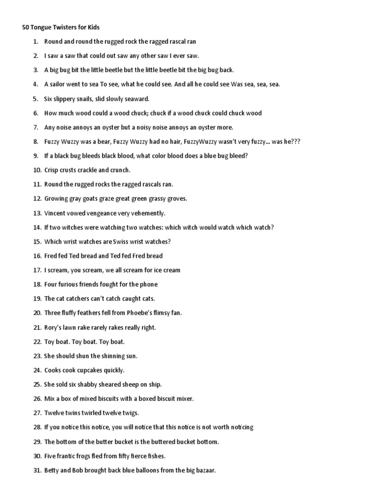 50 Tongue Twisters For Kids | PDF