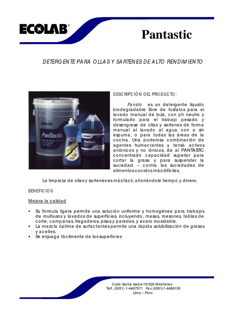 Detergente Pantastic para Cocina Ecolab | PDF | Tensioactivo | Detergente