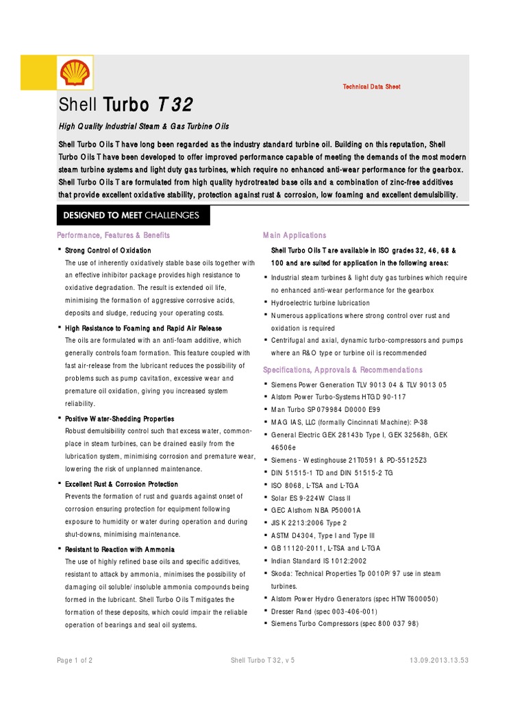 Shell Turbo Oil T 32 TDS | PDF | Motor Oil | Gas Turbine