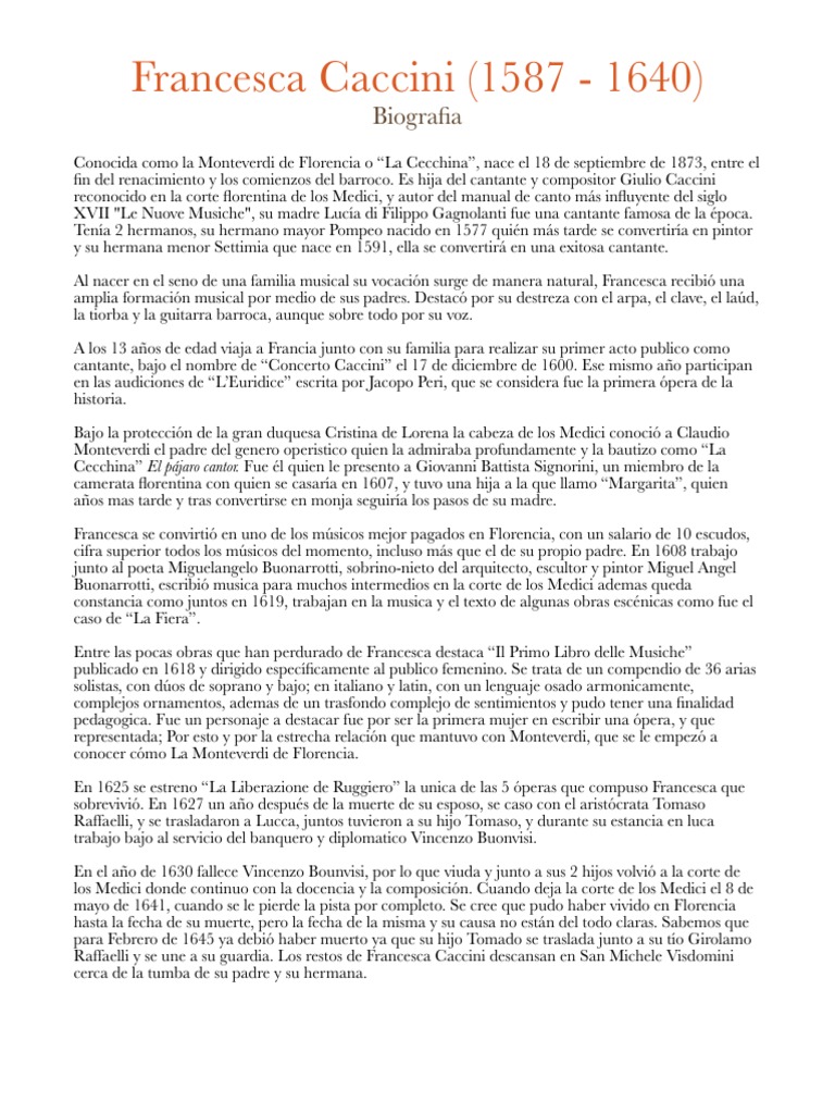 Francesca Caccini: Pionera de la Ópera | PDF | Música clásica | Las ...