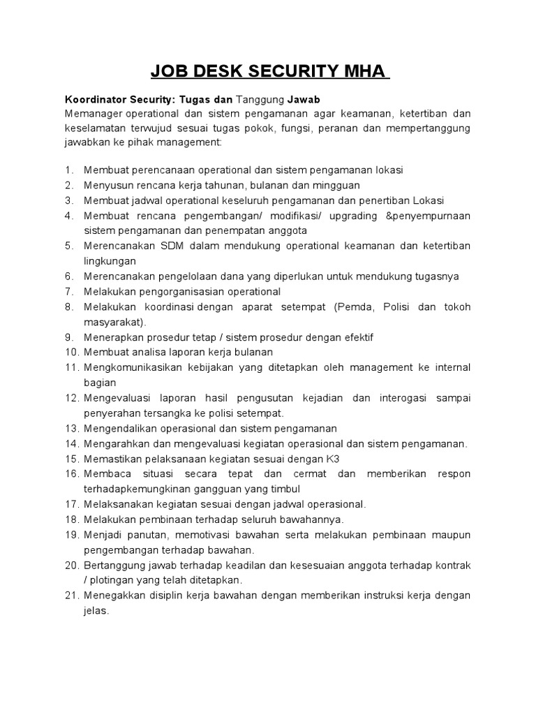 Job Desk Koordinator Security MHA | PDF | Karier & Perkembangan