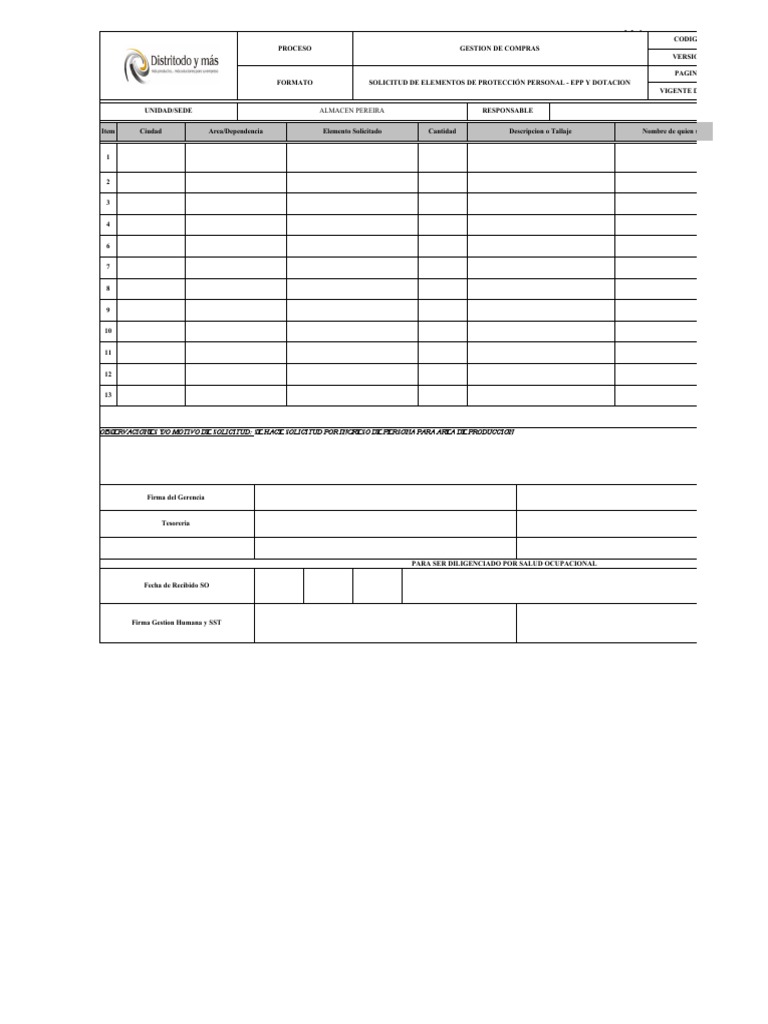 Formato de Solicitud Epp y Dotacion. | PDF