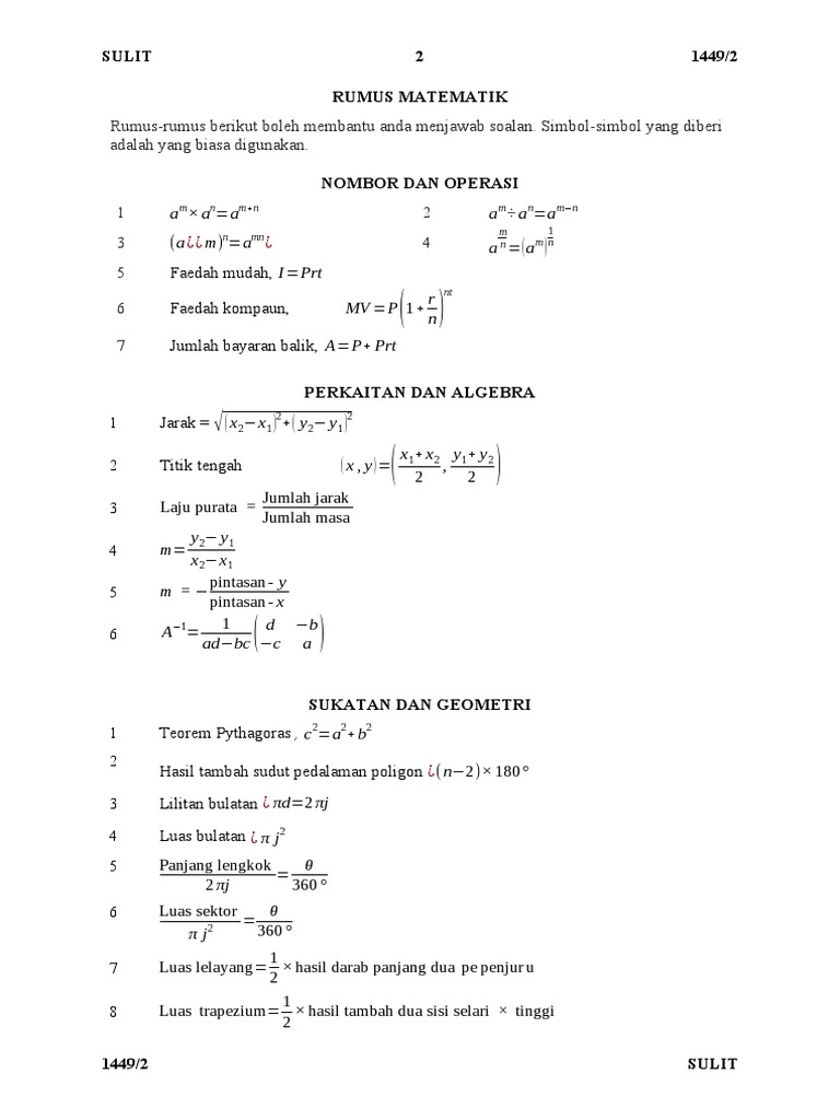 Edit RUMUS MATEMATIK SPM 2021 | PDF