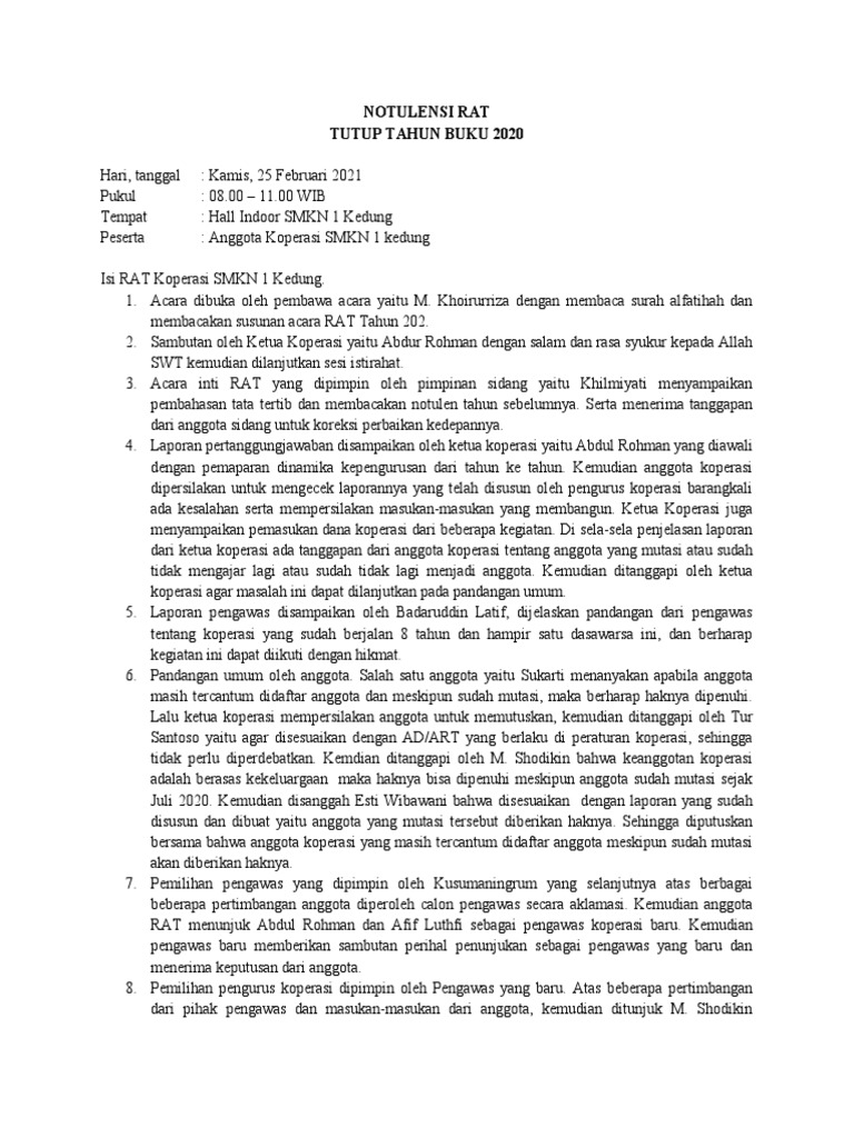 Notulen RAT Koperasi SMKN 1 Kedung | PDF | Pengelolaan Keuangan & Uang ...