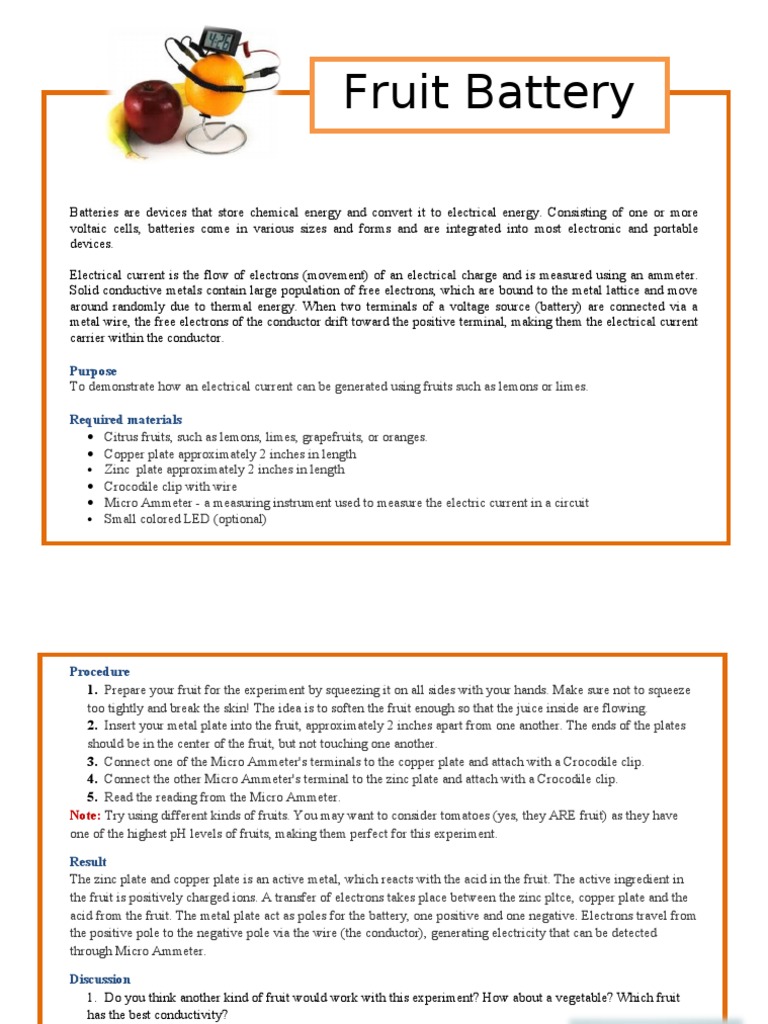 Fruit Battery | Download Free PDF | Electric Current | Electricity