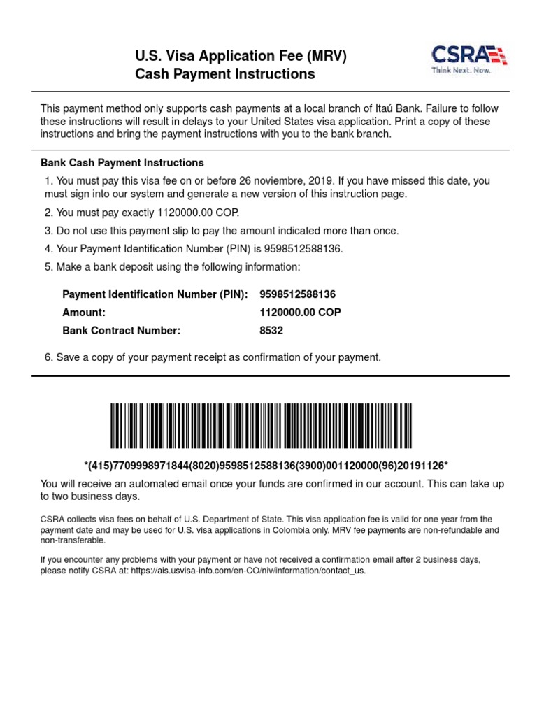 U.S. Visa Application Fee (MRV) Cash Payment Instructions | PDF | Bancos