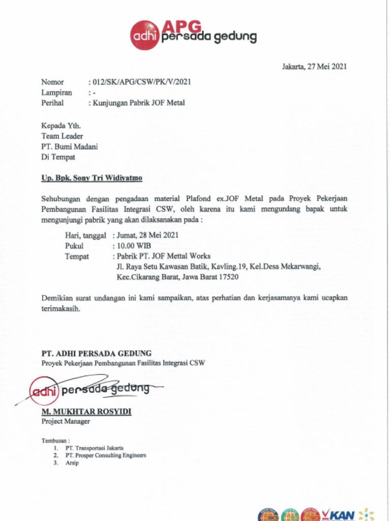 Surat Undangan Kunjungan Pabrik Jof Metal | PDF
