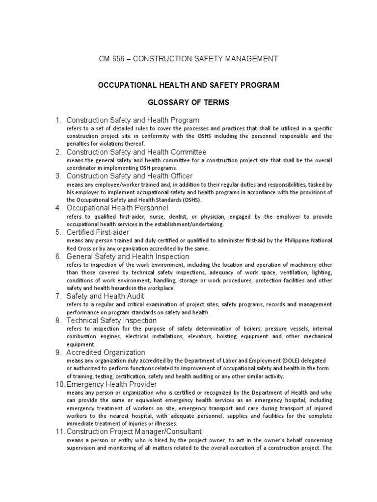 0000 CM656 - OSH Program GLOSSARY OF TERMS | PDF | Occupational Safety ...