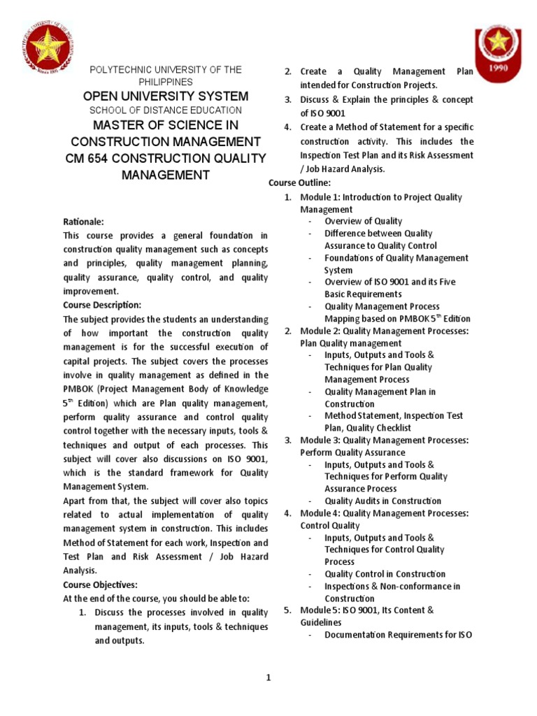 2020 CM 654 Construction Quality Management Course Outline | Download ...