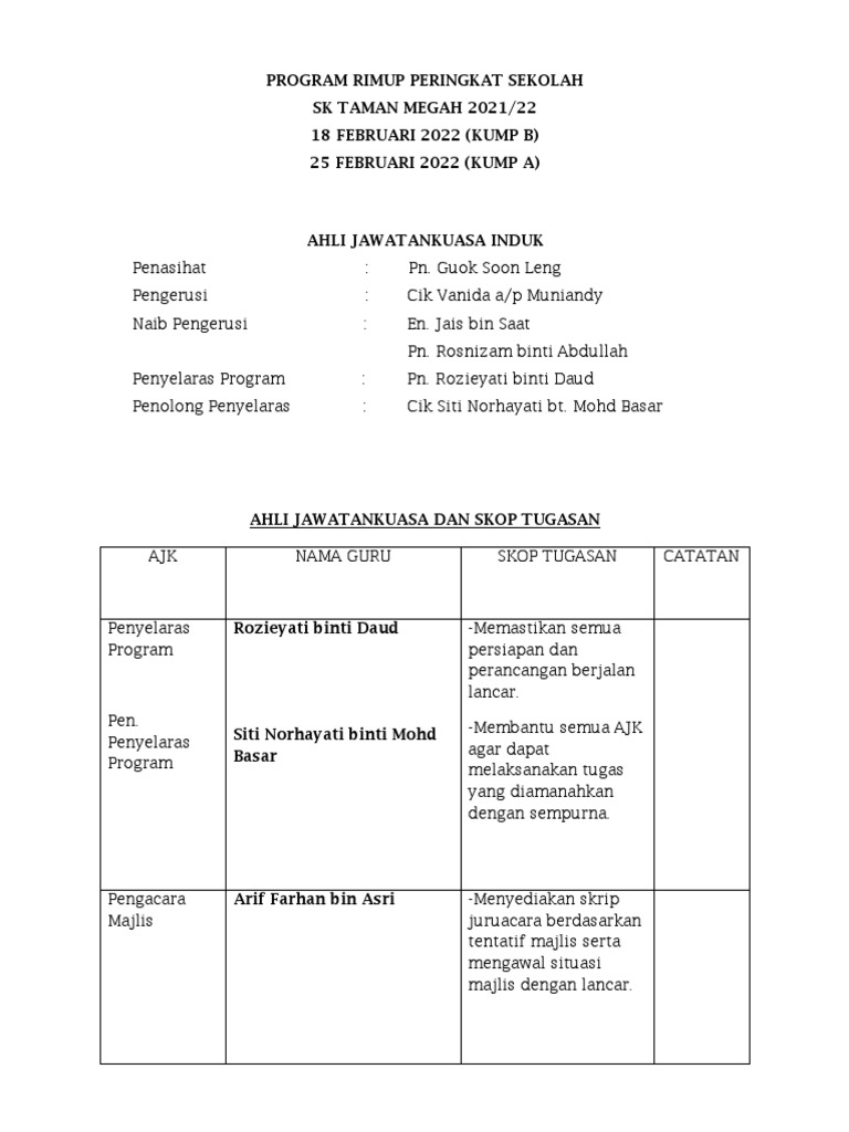 Program Rimup Peringkat Sekolah Ajk Latest 1 | PDF