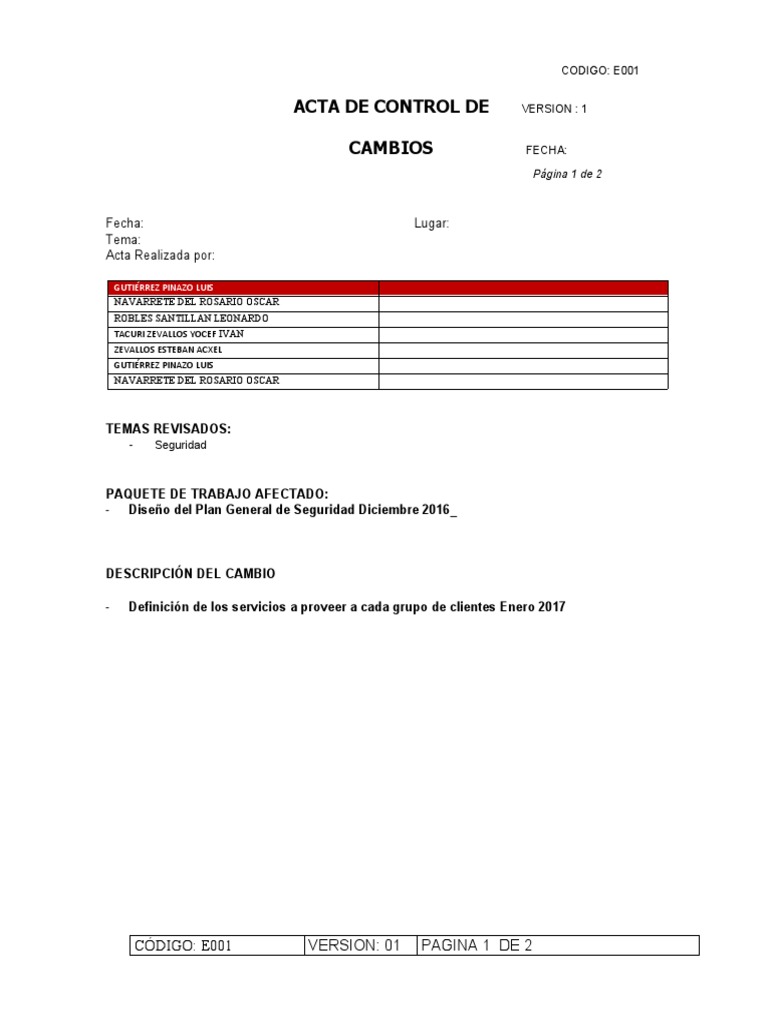 Acta de Formato Control de Cambios | PDF