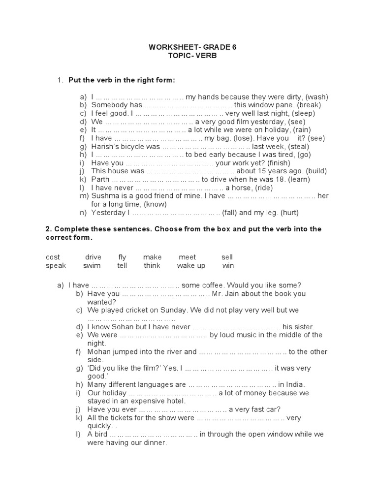 Worksheet-Grade 6 Topic - Verb | PDF