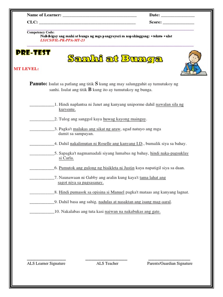 LS1 Fil. Worksheets (Sanhi at Bunga) | PDF