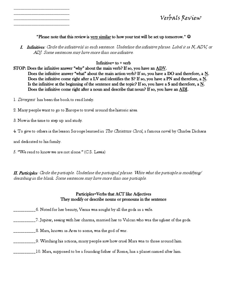 Verbals Activity Sheet | PDF | Verb | Grammar