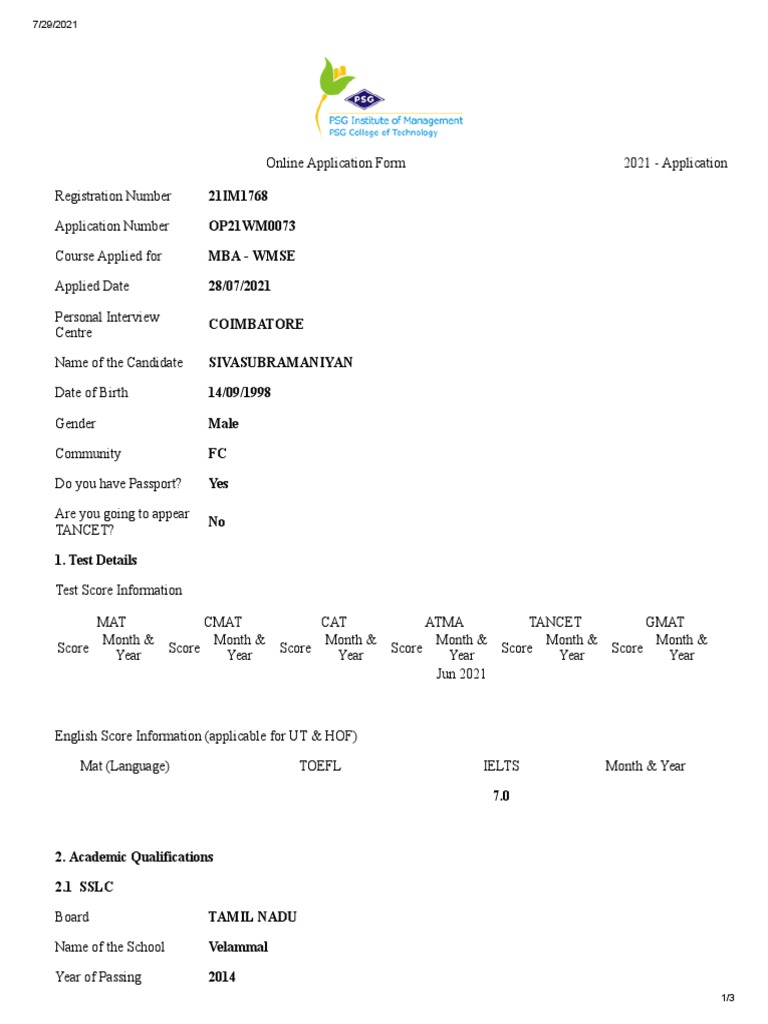 PSG Application Form | PDF