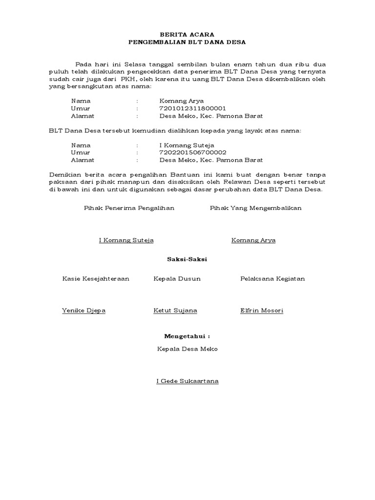 Berita Acara Pengembalian Dana Desa | PDF
