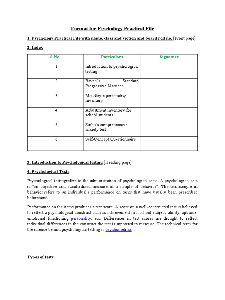 Format For Psychology Practical File and SCQ | PDF | Industrial And ...