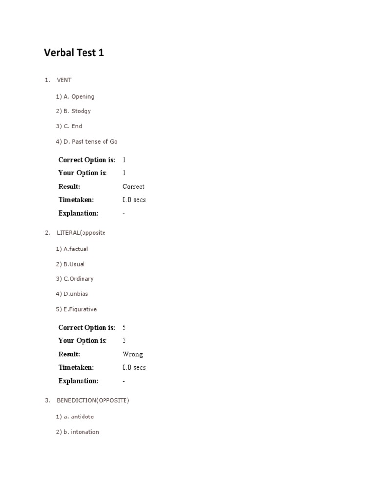 Verbal Test 1: Correct Option Is: 1 Your Option Is: Result: Timetaken ...
