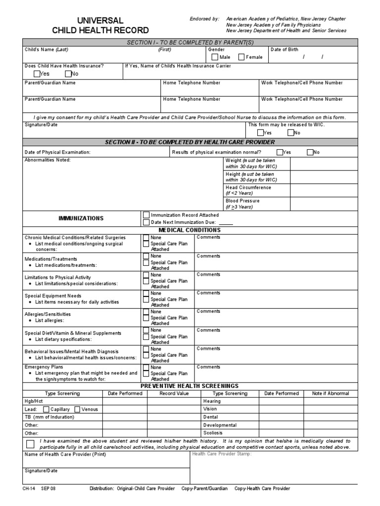 Universal Child Health Record: Yes No | PDF | Allergy | Wic