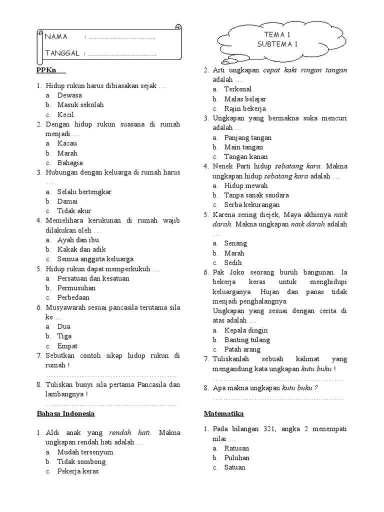 Soal Uh TEMA 1 Subtema 1 | PDF