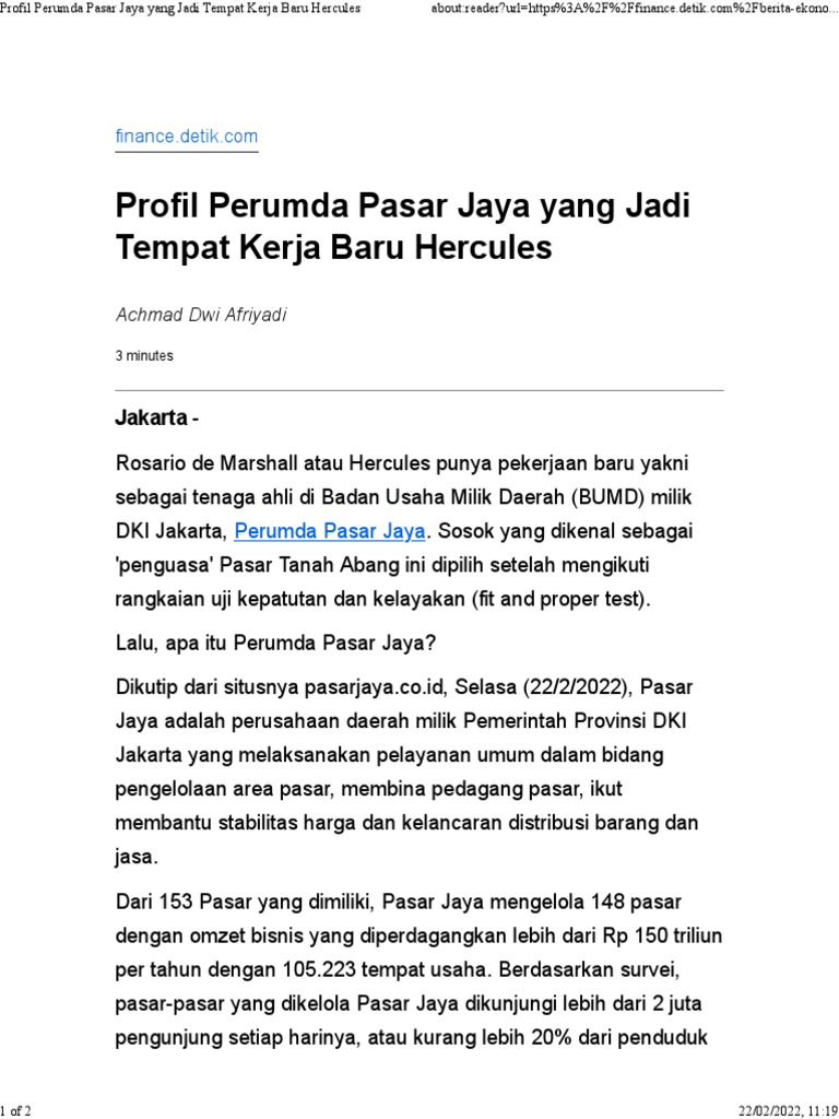 Profil Perumda Pasar Jaya Yang Jadi Tempat Kerja Baru Hercules | PDF