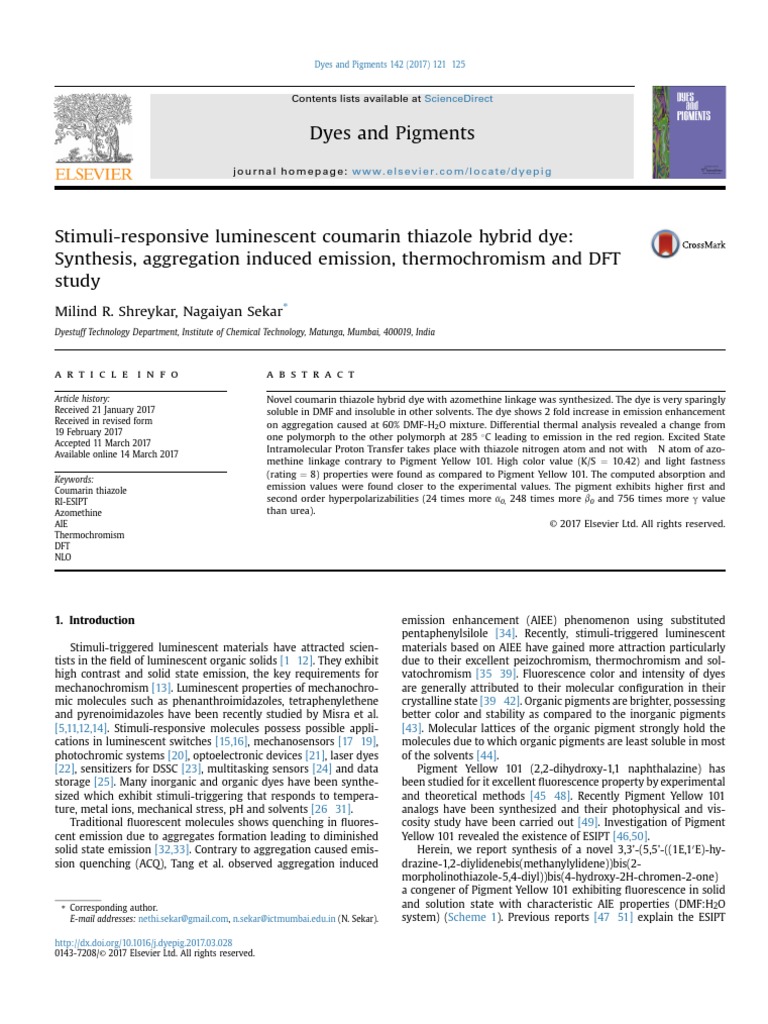 2017 - Milind R. Shreykar - Stimuli-Responsive Luminescent Coumarin Thiazole Hybrid Dye | PDF ...