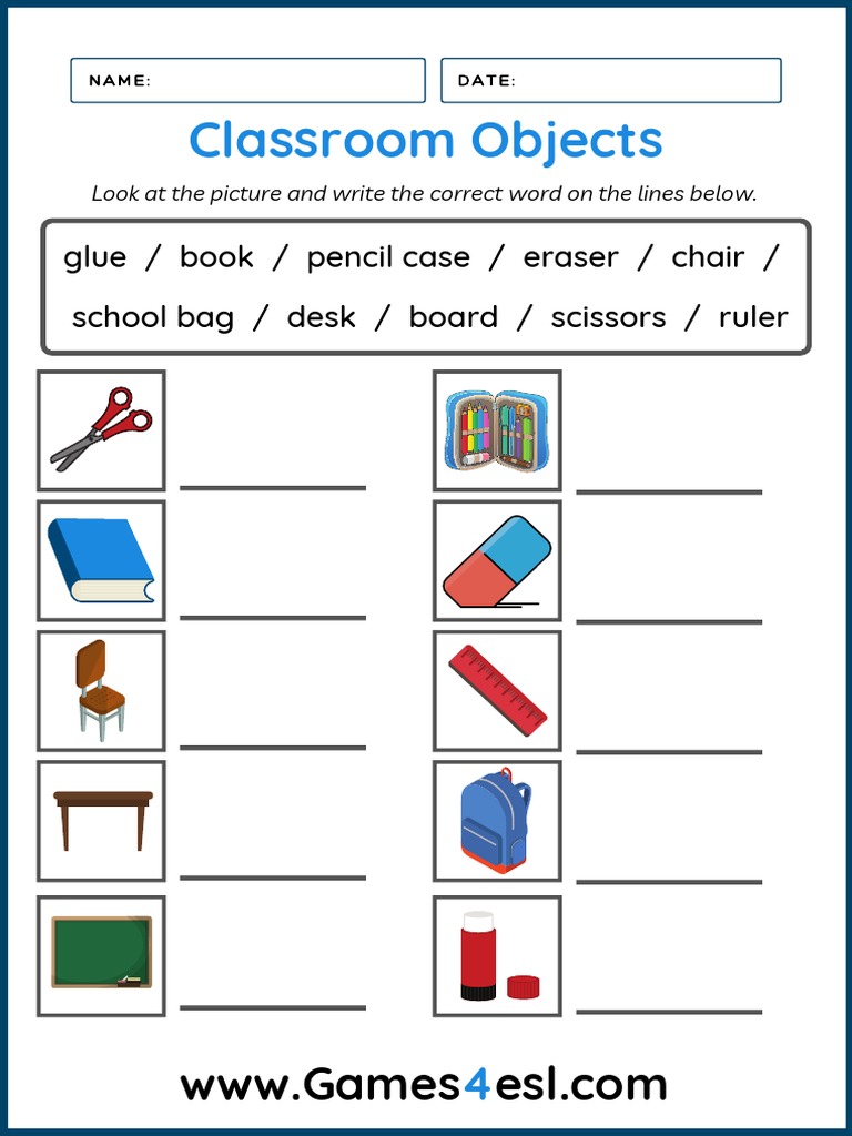 Classroom Objects Worksheet 1 | PDF