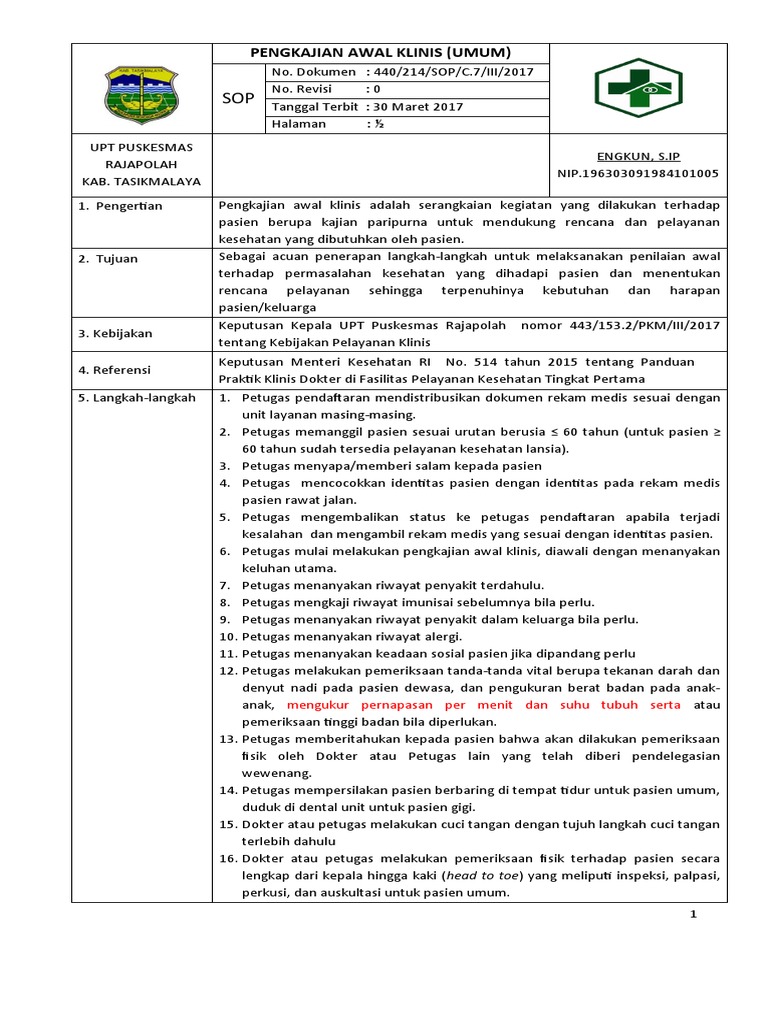 7.2.1.1 SP0 Pengkajian Awal Klinis (Umum) | PDF | Pengembangan Diri | Kesehatan Holistik