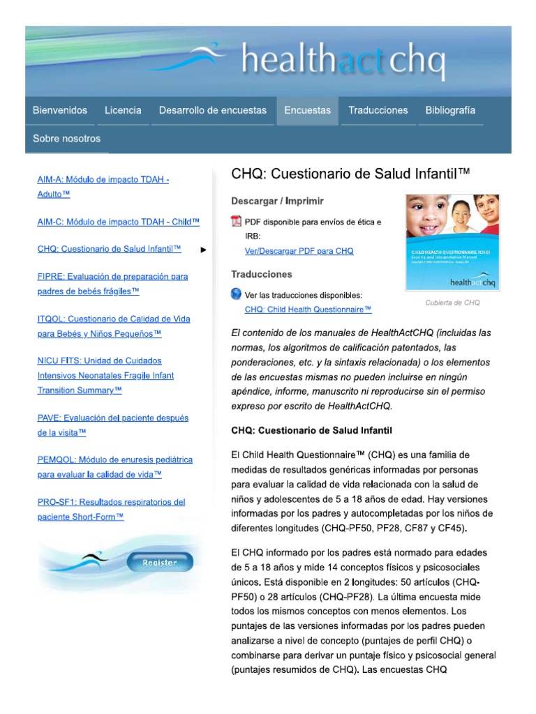Cuestionario de Salud Infantil (CHQ) | PDF
