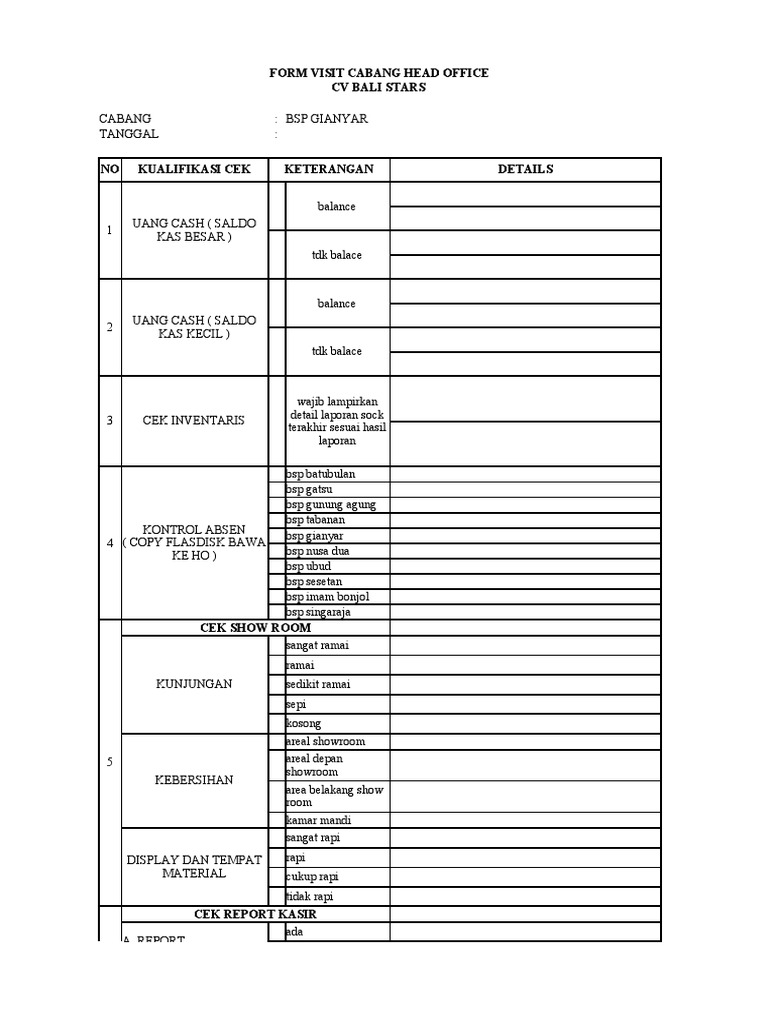 Form Visit Cabang | PDF