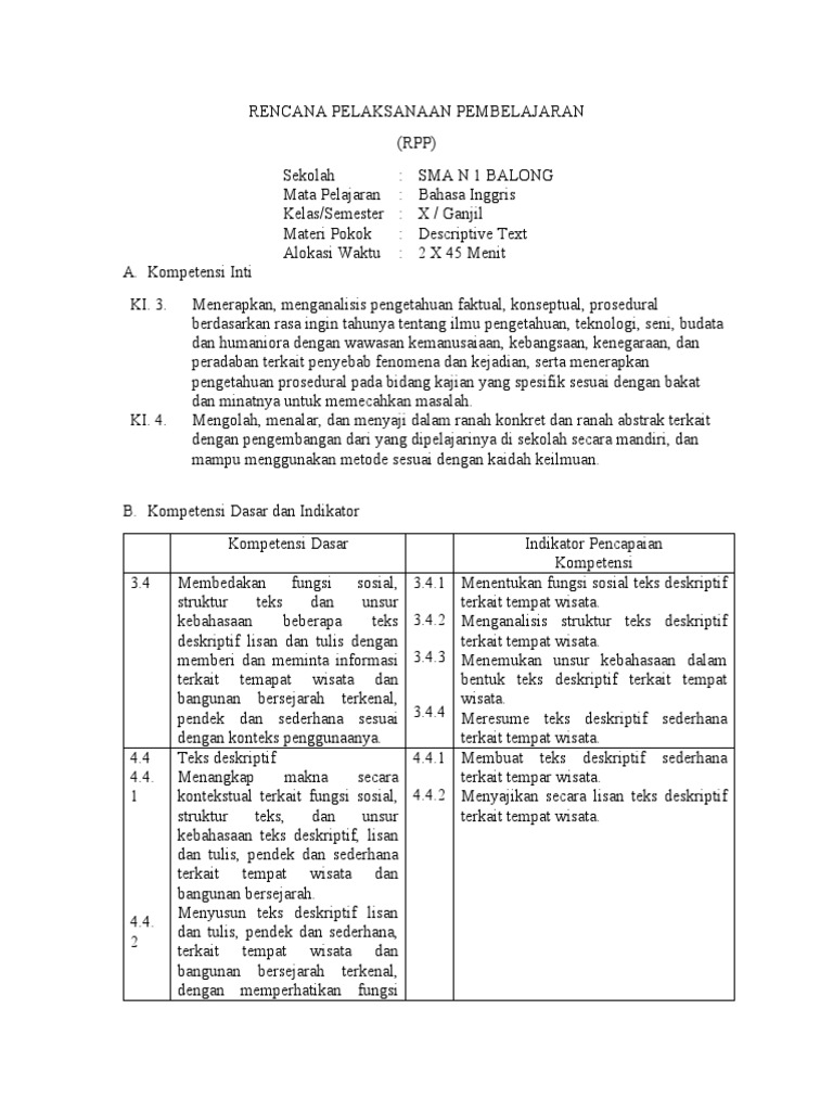 Rencana Pelaksanaan Pembelajaran Descriptive Text | PDF
