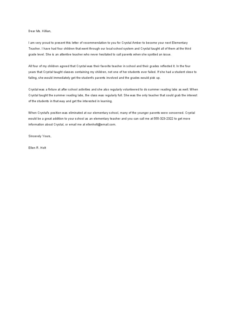 Sample Letter of Recommendation Elementary Teacher Download | PDF