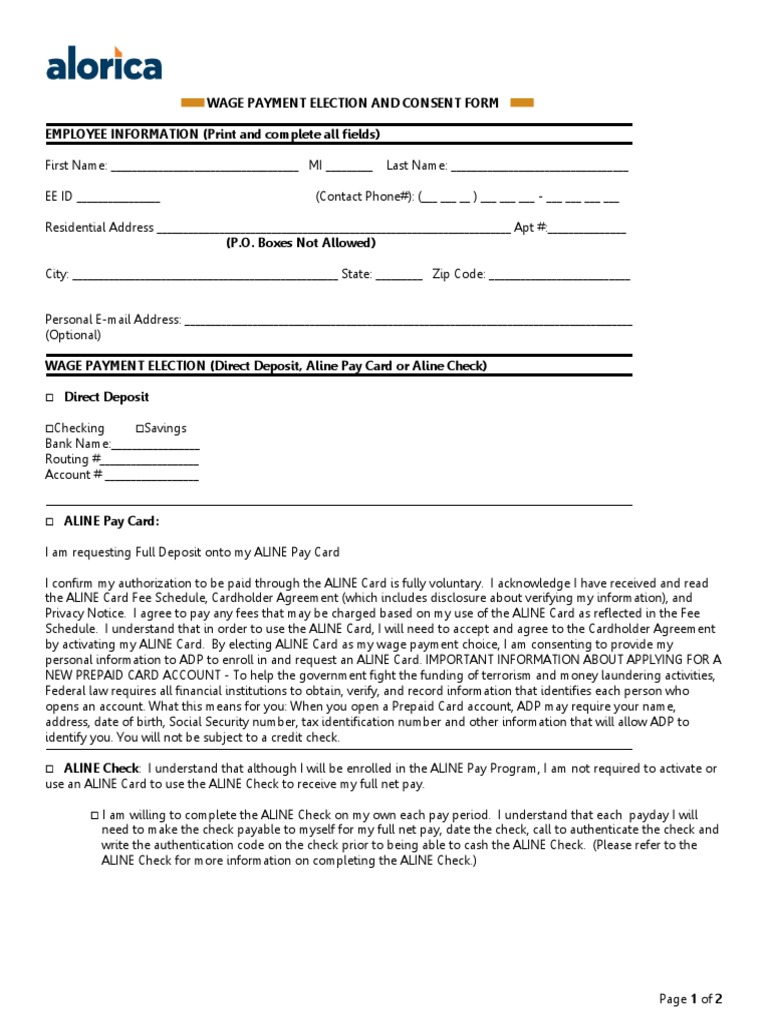 Alorica at Home Wage Payment Election and Consent Form | PDF | Cheque ...