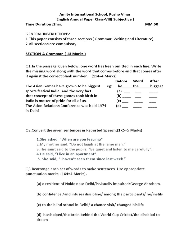 Class-8 English Subjective Paper | PDF
