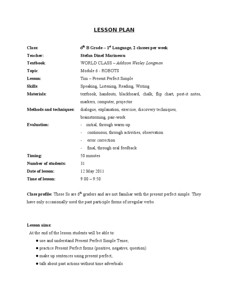 Lesson Plan - 6th Grade | PDF | Perfect (Grammar) | Grammatical Tense