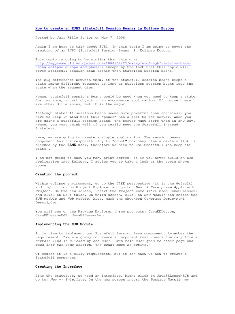 EJB3 (Statefull Session Beans) in Eclipse Europa | PDF | Java Enterprise Platform | Computer ...